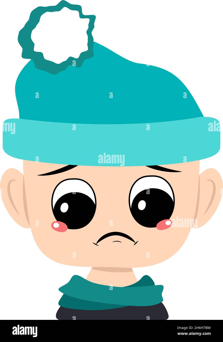 Avatar of child with sad emotions, depressed face, down eyes in blue ...