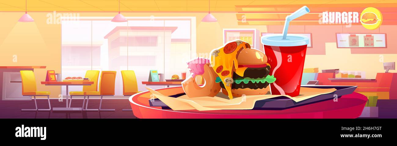 Fast food restaurant interior. Burger, pizza, donut and drink on tray ...