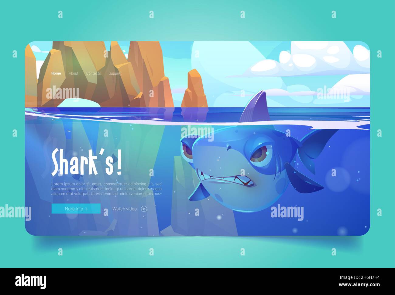 Sharks banner with angry big fish under water in ocean. Vector landing ...