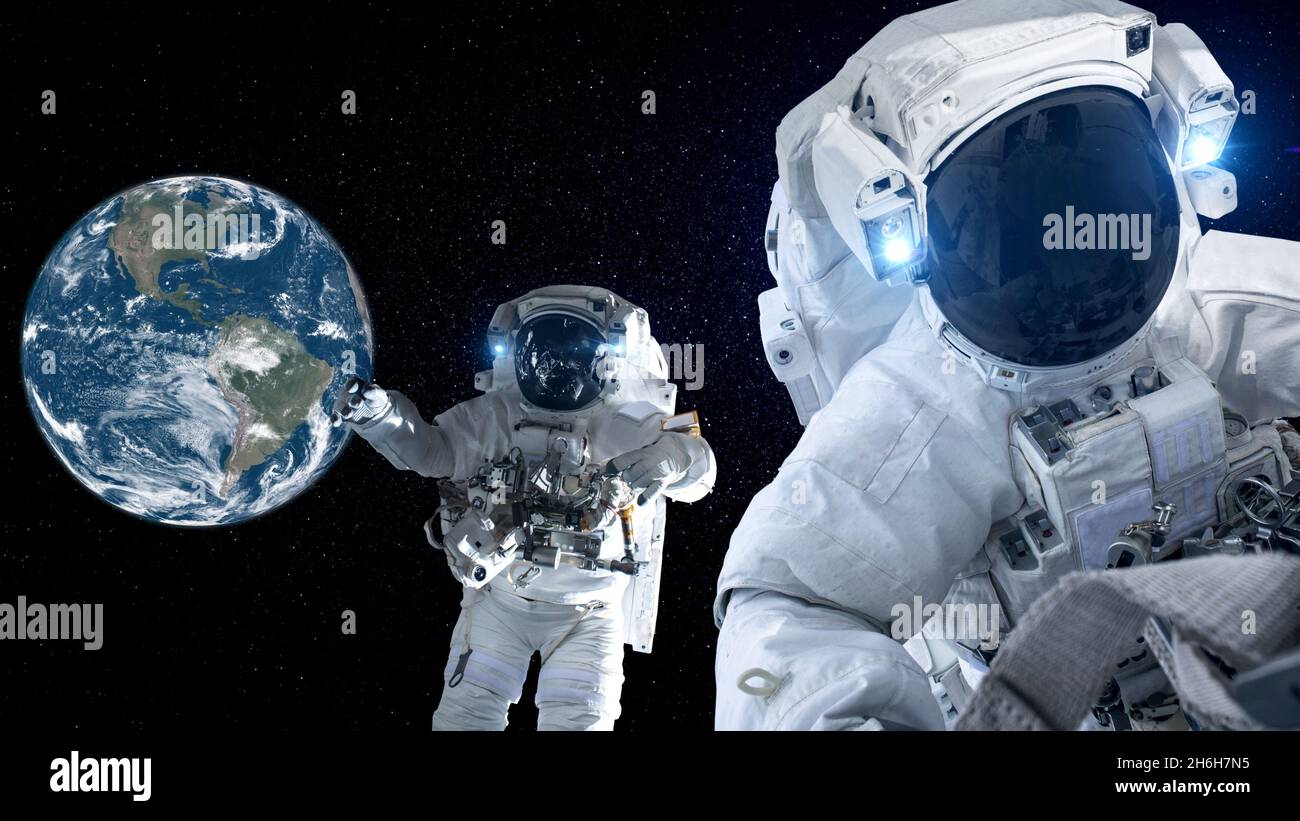 Astronaut spaceman do spacewalk while working for spaceflight mission ...