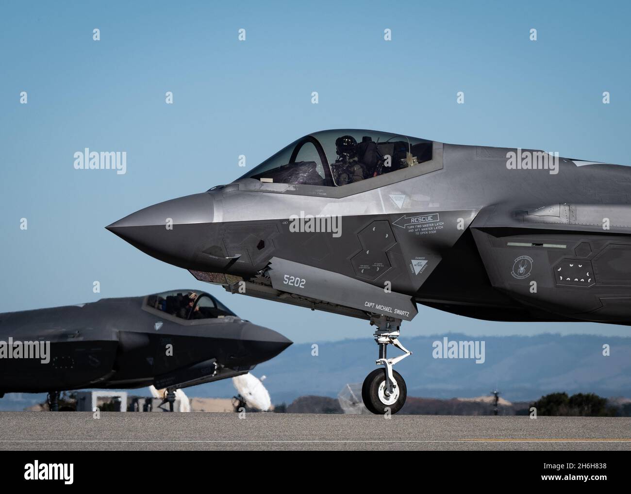 F-35As from the U.S. Air Force F-35 Lightning II Demonstration Team taxi into Monterey Regional ...