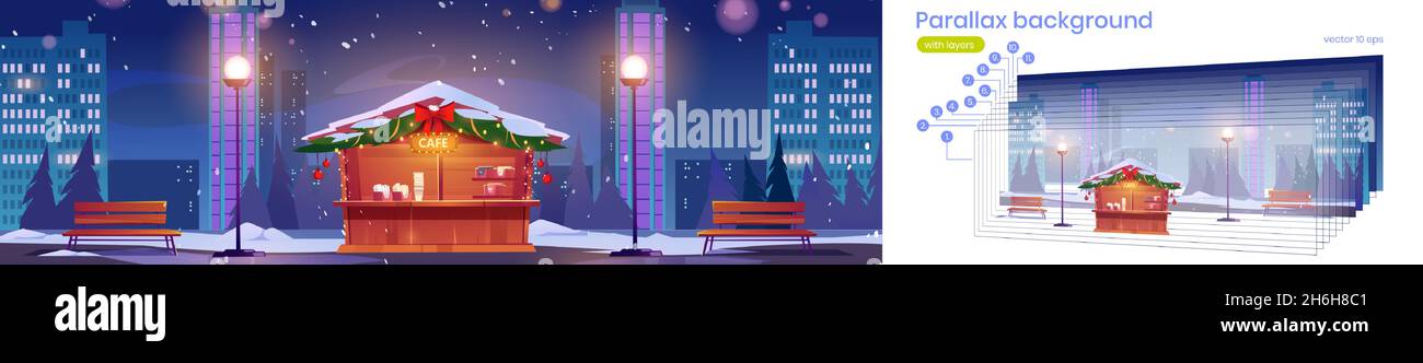 Street cafe with Christmas decoration in winter city at night. Vector ...