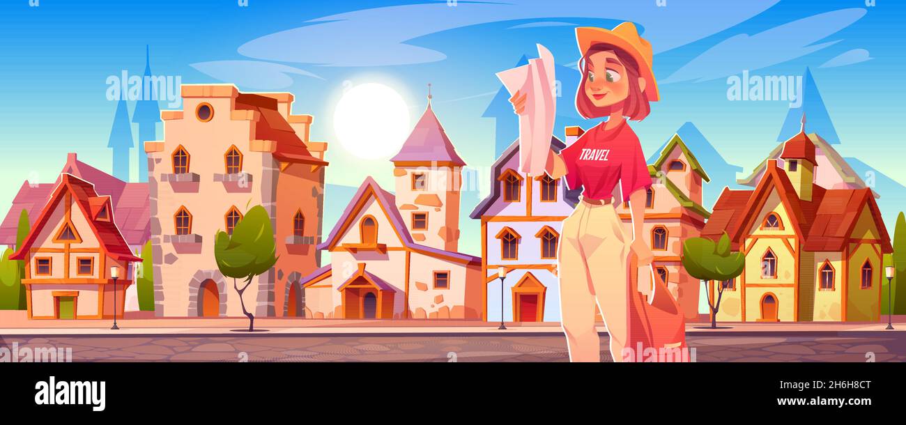 Traveler girl learning map searching way in foreign antique city with ...