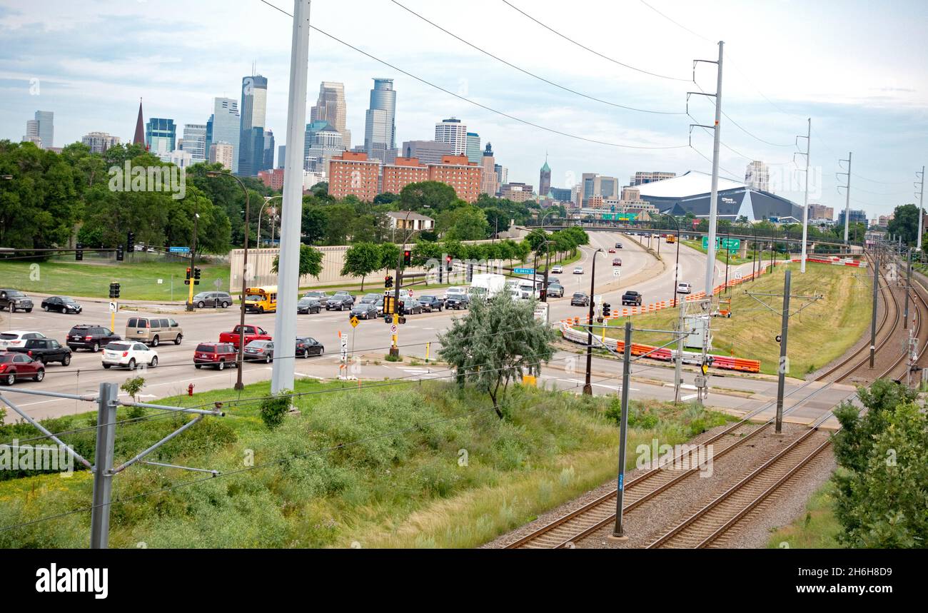 View of downtown Minneapolis skyline from the Martin Olav Sabo Bridge ...