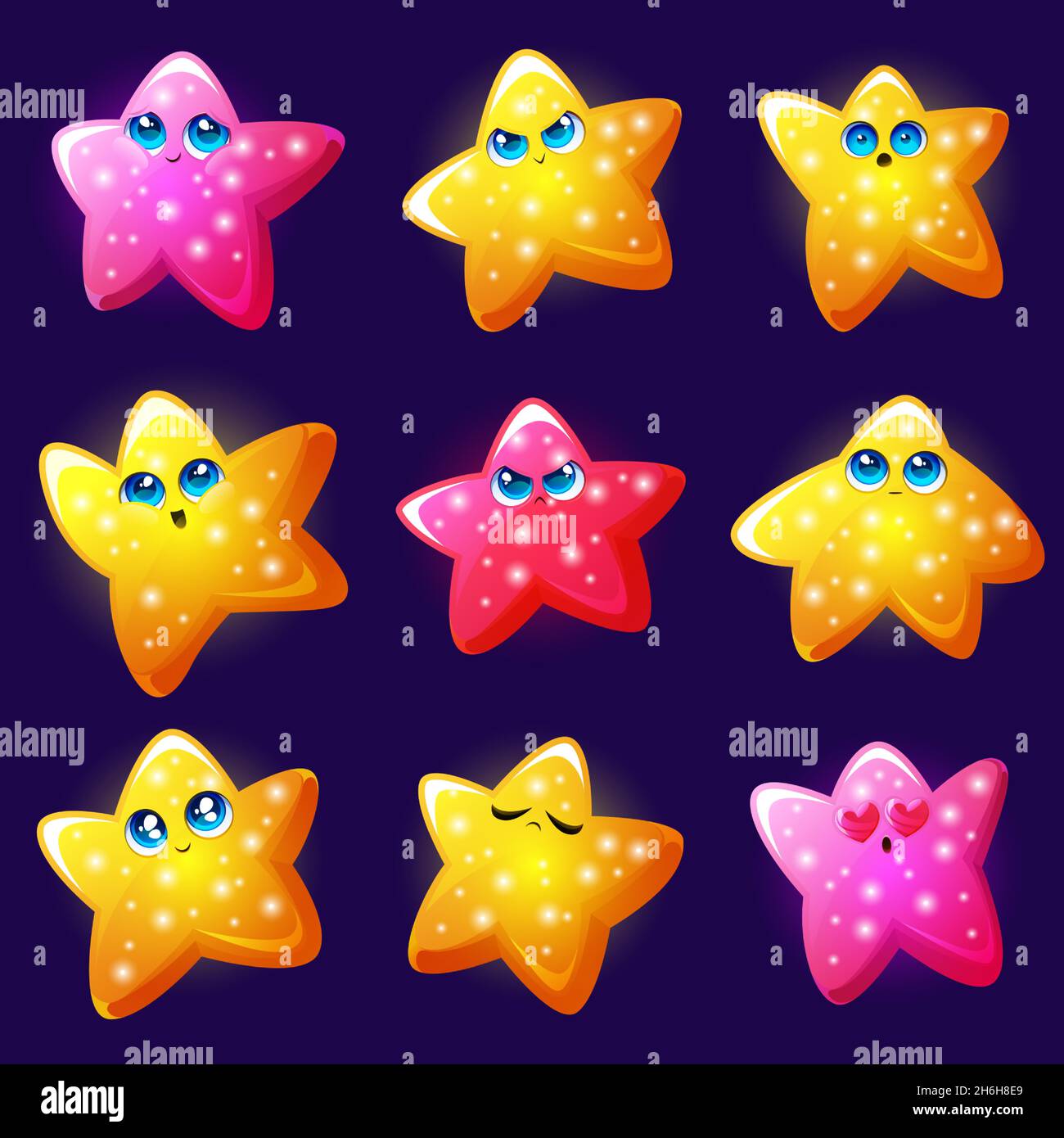 Cute star emoji, gold shiny faces with different emotions isolated on ...