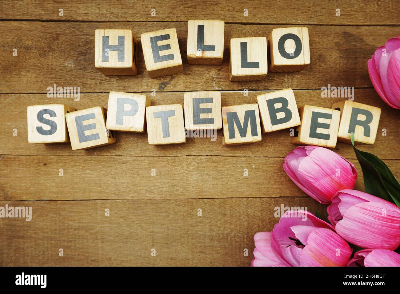 Hello September alphabet letters on wooden background Stock Photo - Alamy