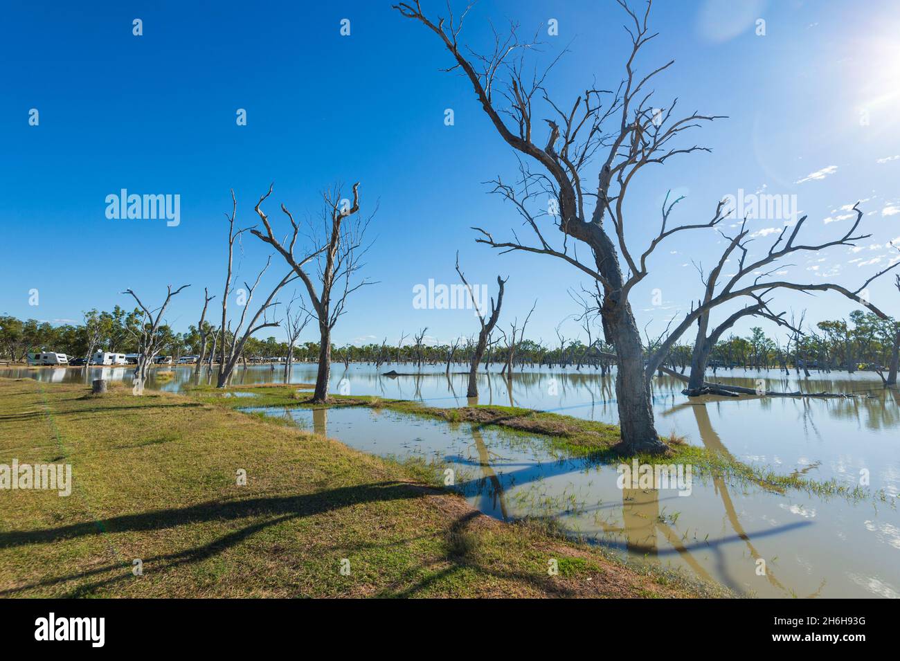 Caravans camped along the lake at Lara Wetlands, a popular tourist ...
