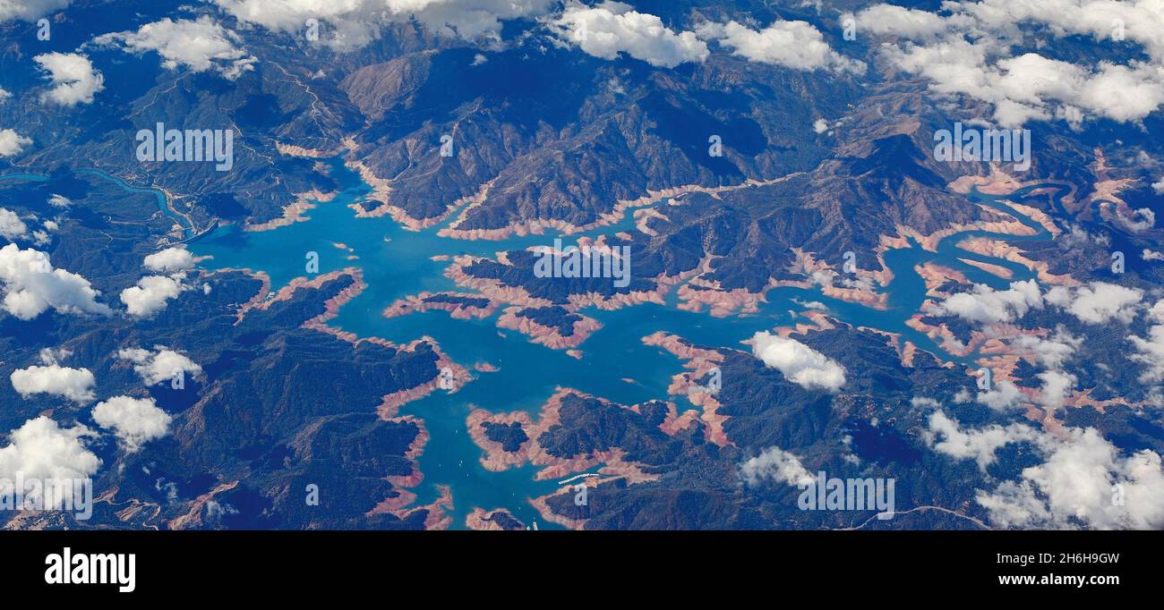 Global Warming and climate change - Aerial view of low waters in dam ...