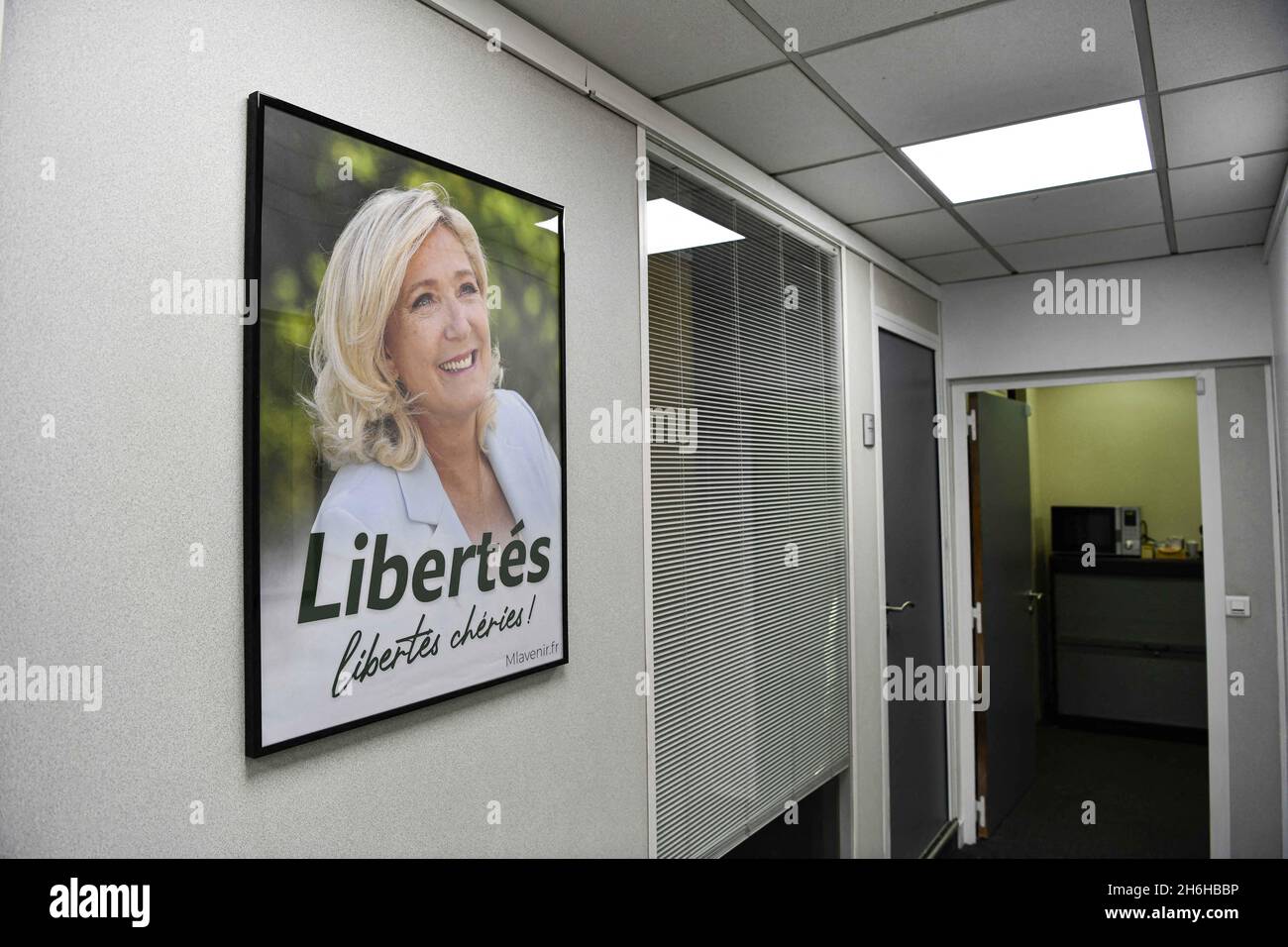 A campaign poster is displayed at the unveiling of the Rassemblement ...