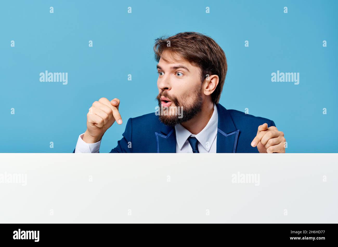 bearded man advertising white banner presentation blue background Stock ...