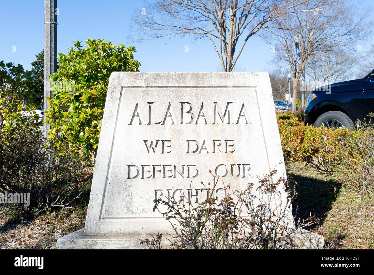 Opelika, Alabama, USA-March 3, 2021: Stone monument in downtown Opelika ...