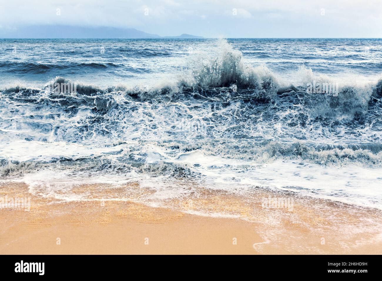 Sea storm, stormy ocean landscape, dark blue breaking waves motion ...