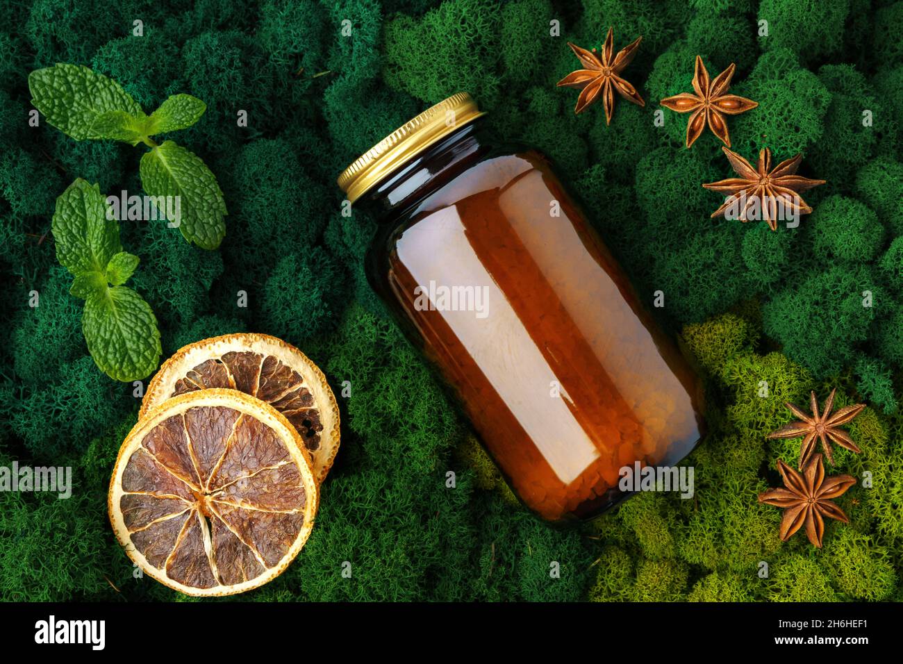 Set of brown glass bottles beauty products on moss background Stock ...