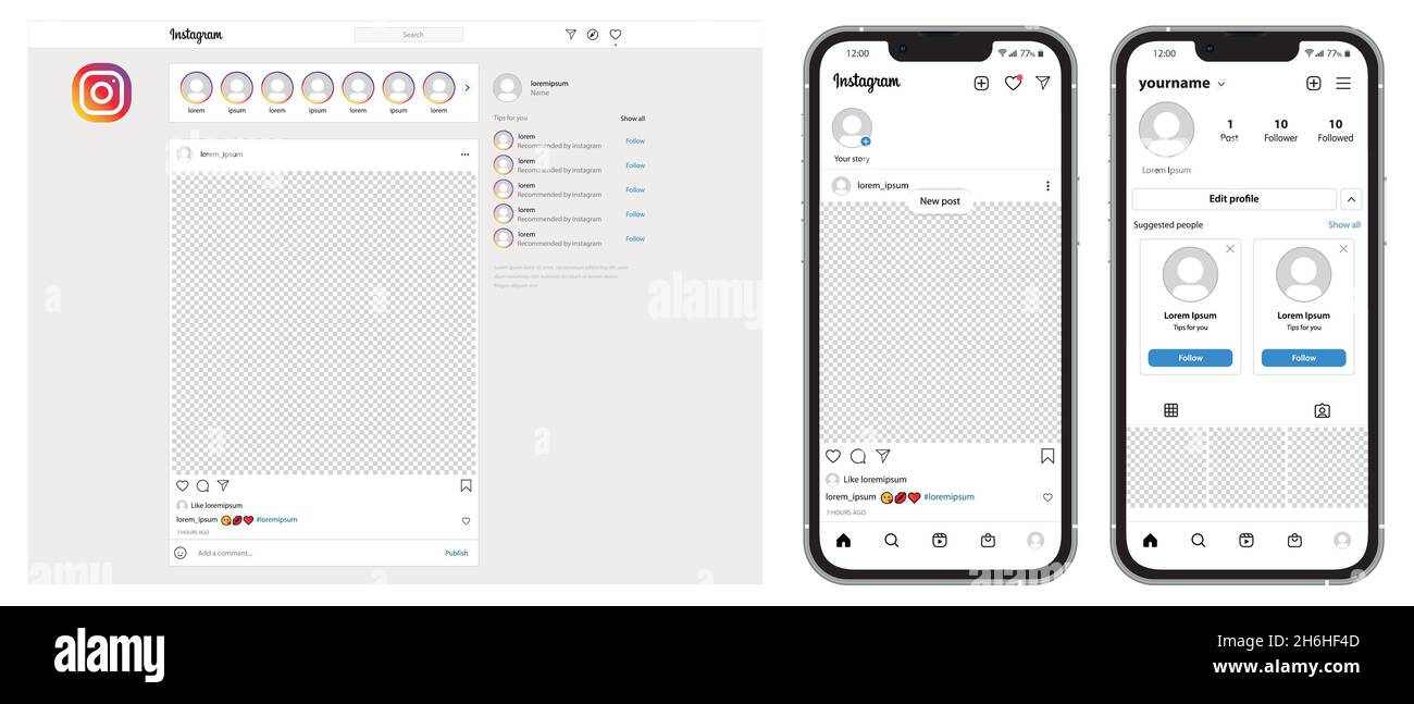 Instagram social network, Web page and phone page template in vector ...