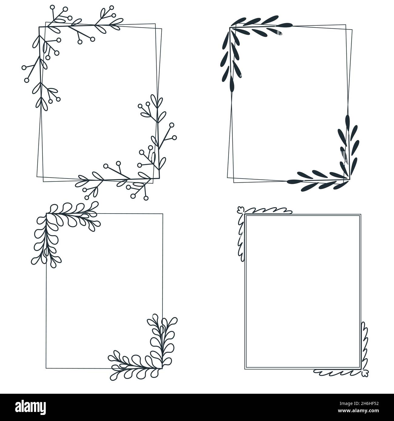 Set of hand drawn decorative botanical frames with leaves and twigs. Rectangular patterns from ...