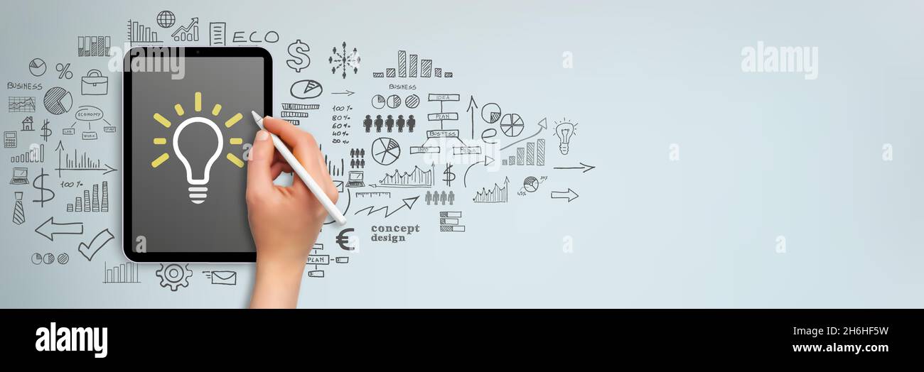 Drawing business concept sketch on the desk and tablet. In vector ...