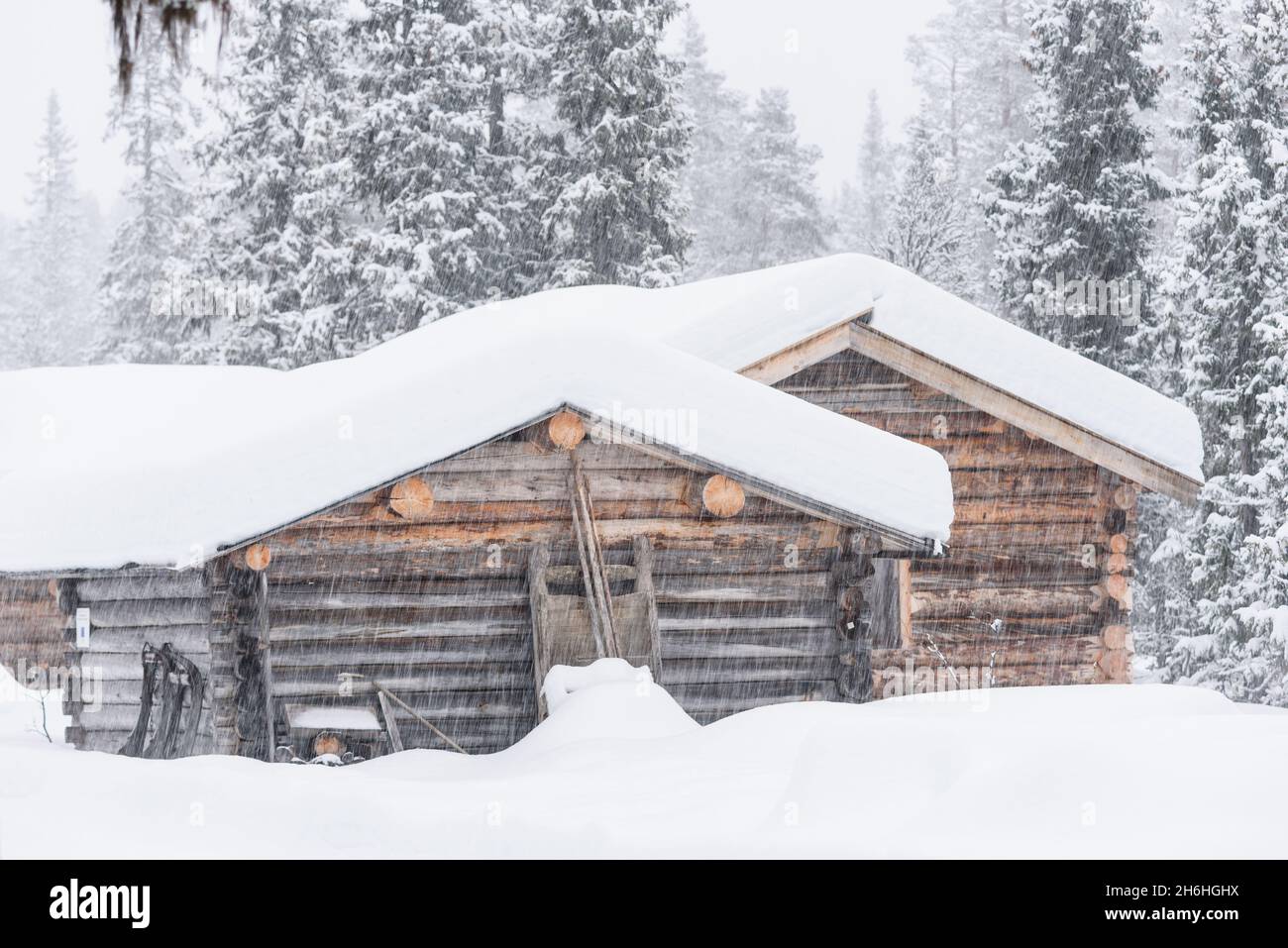 Wooden barn buildings in winter landscape Stock Photo - Alamy