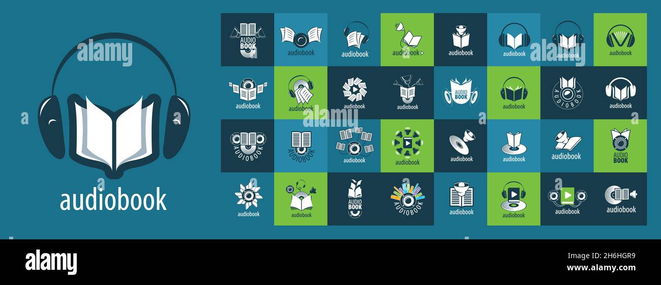 A set of vector audiobook logos on different colored backgrounds Stock ...