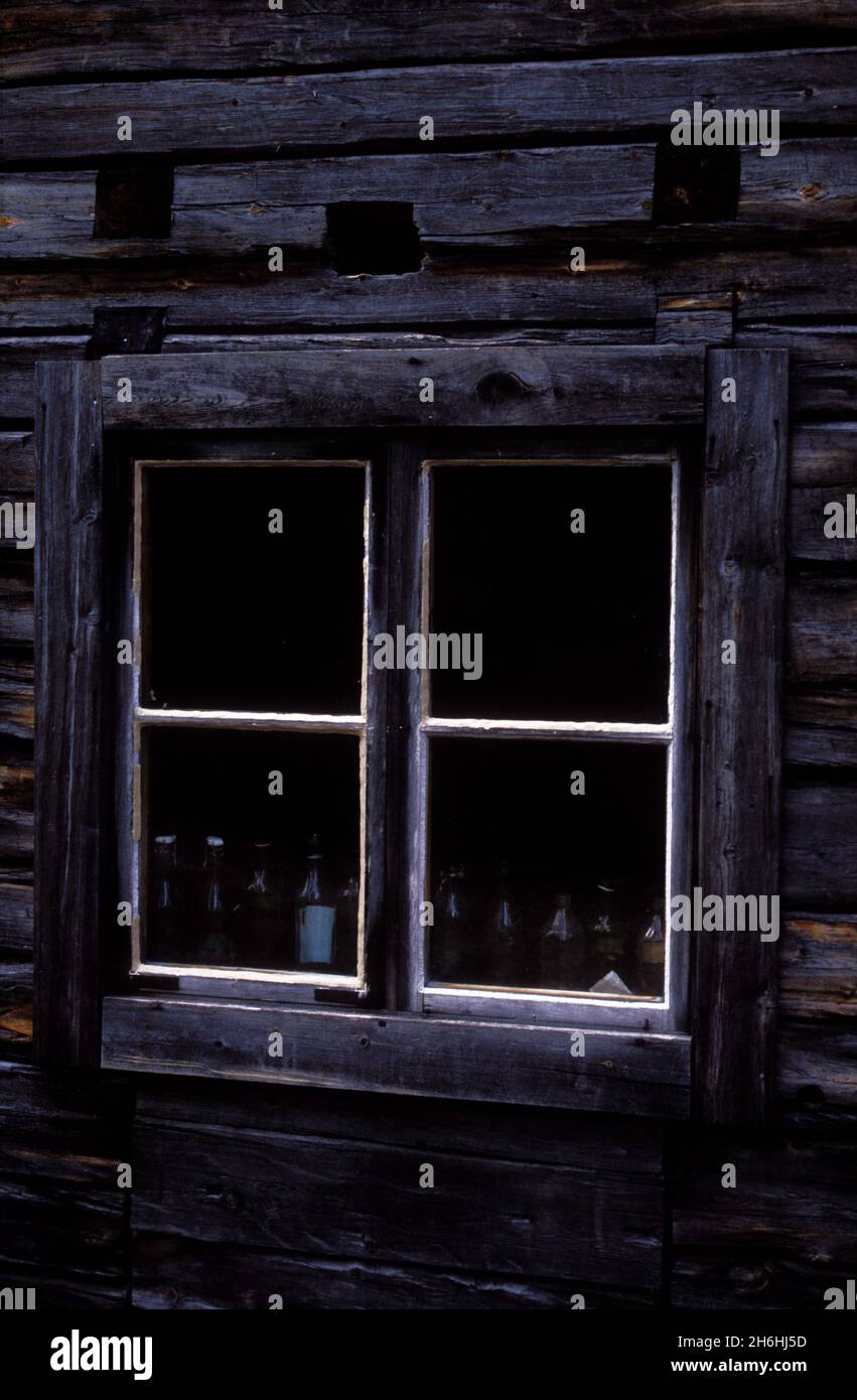 Sweden, rural country in 1993, analog. View of an old wooden, log ...