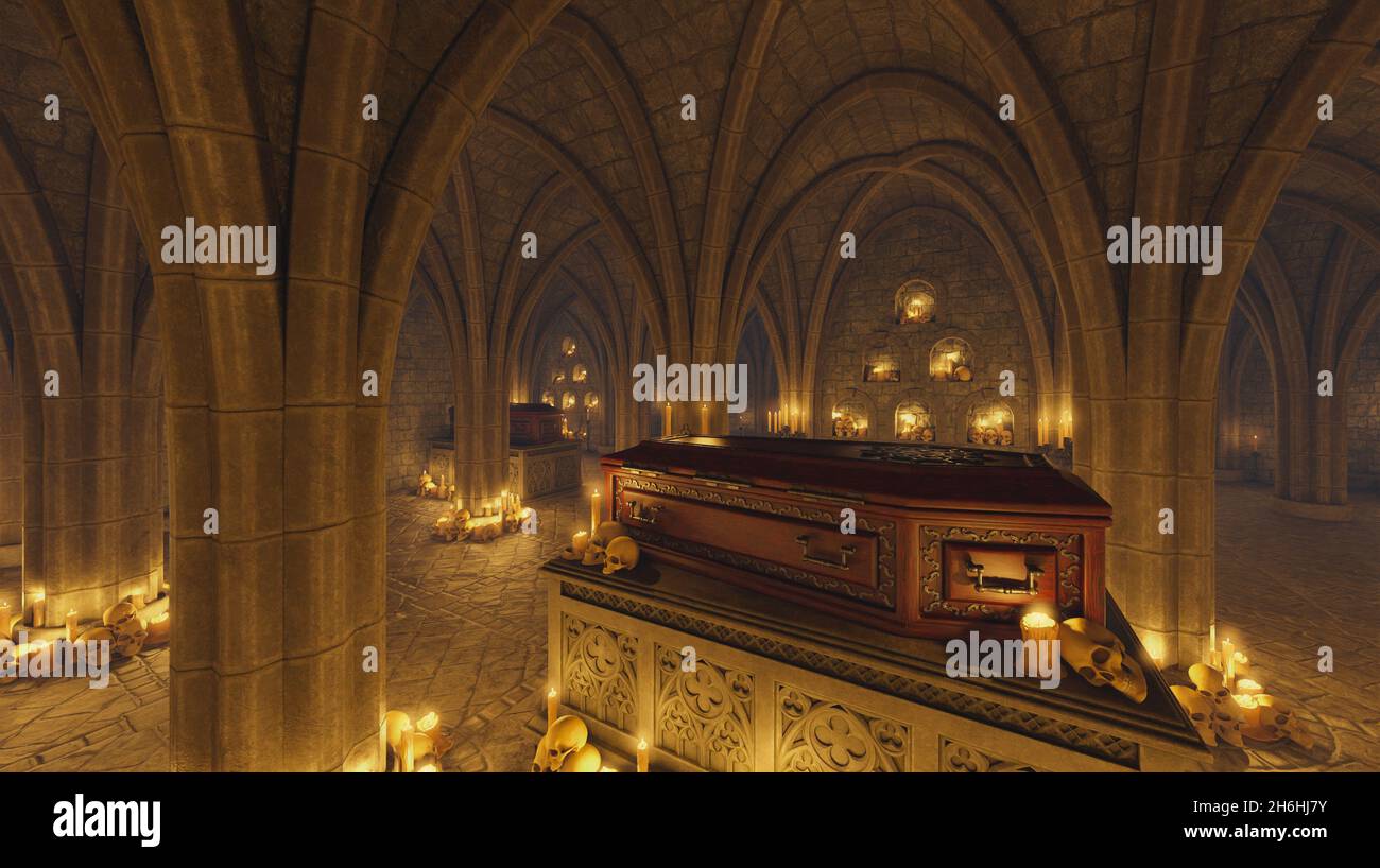 3d illustration vampire vault ckulls and coffins Stock Photo - Alamy
