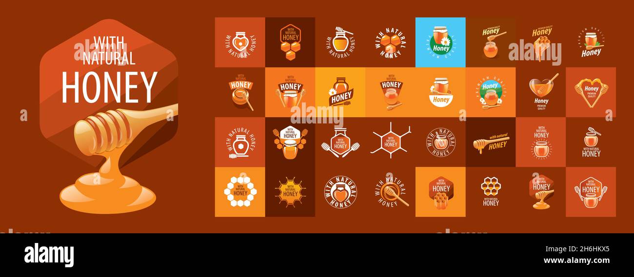A set of vector honey logos on different colored backgrounds Stock ...