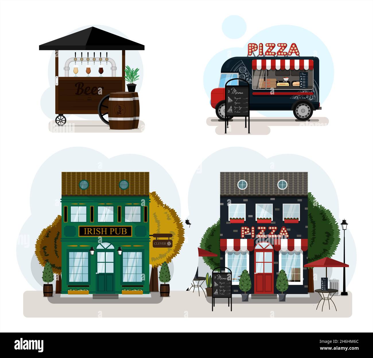 A set of vector food trucks, fast food and irish pub. Cartoon bar, cart ...