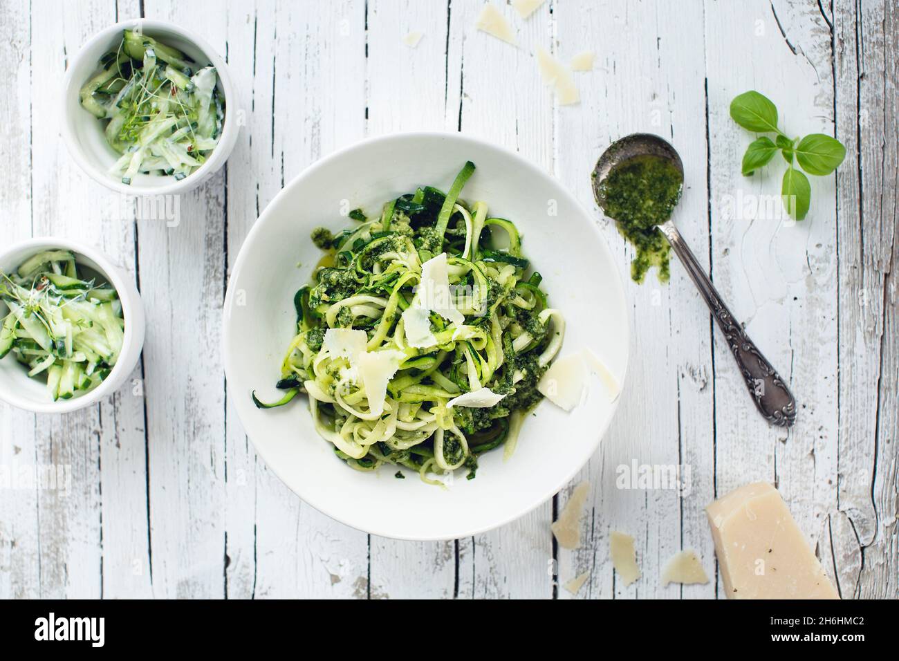 Low carb zoodles with basil pesto Stock Photo - Alamy