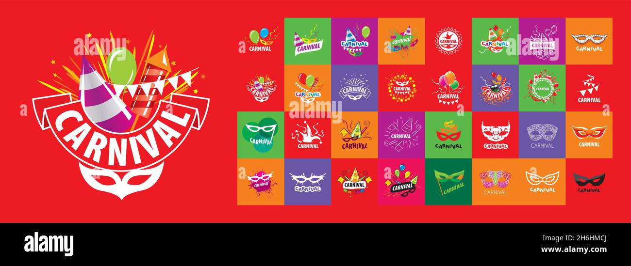 A set of vector carnival logos on different colored backgrounds Stock ...