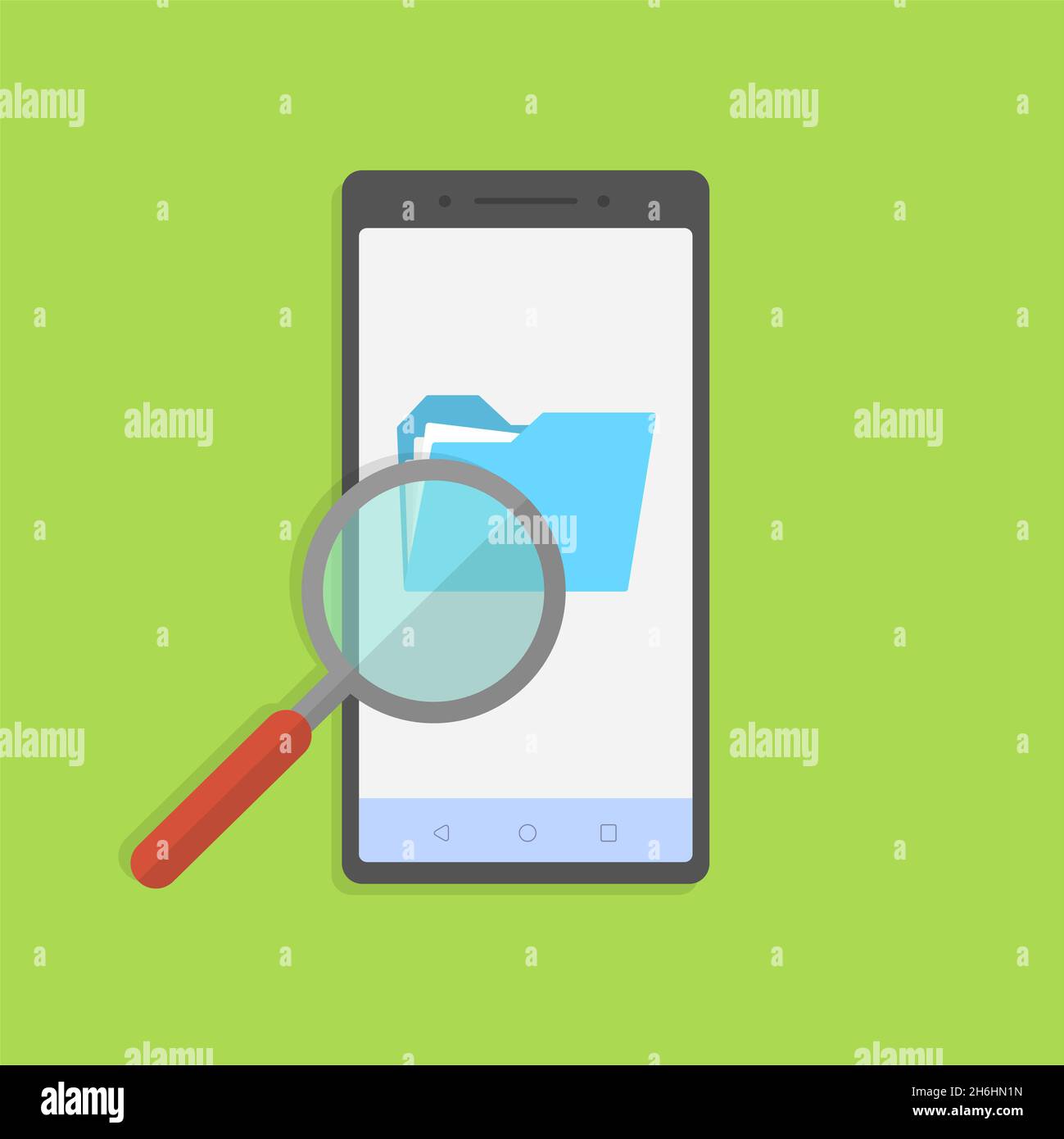 Phone with folder search and magnifying glass. Touchscreen device with ...