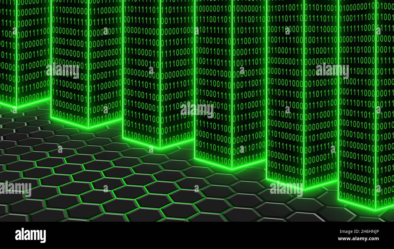 Abstract green technology background - illuminated pillars of binary ...
