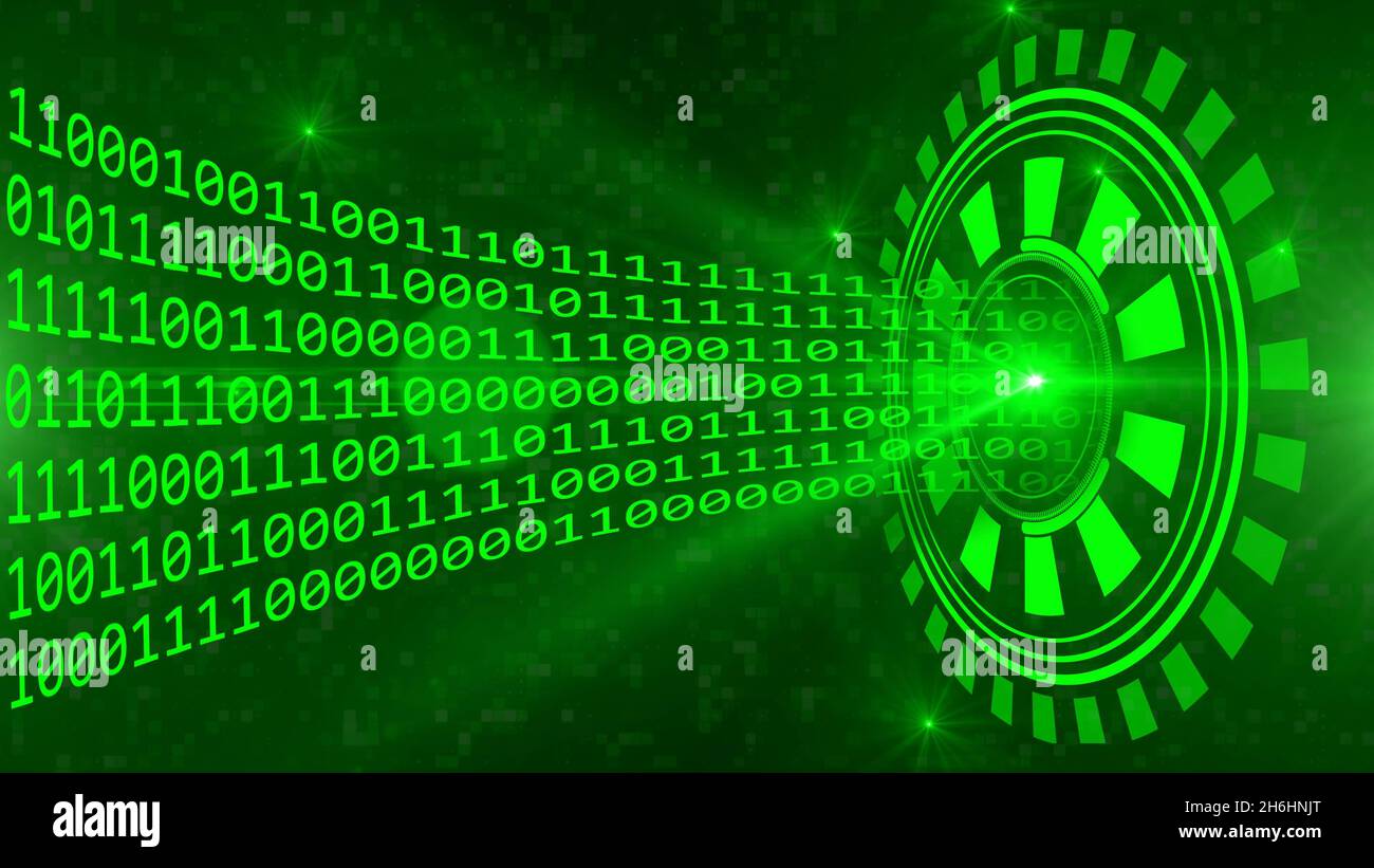 Abstract Green Technology Background Rays Of Binary Code Centered Into Hud Elements On 