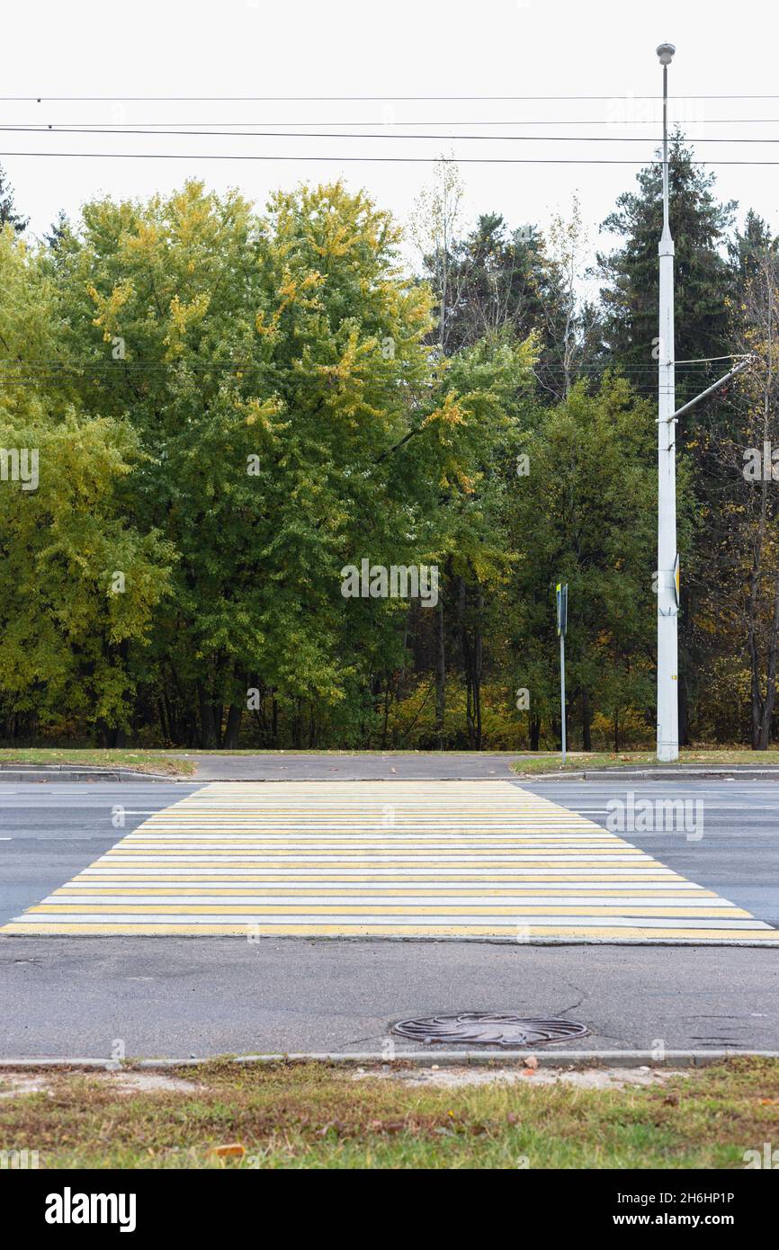 Yellow - white pedestrian crossing across the carriageway Stock Photo ...