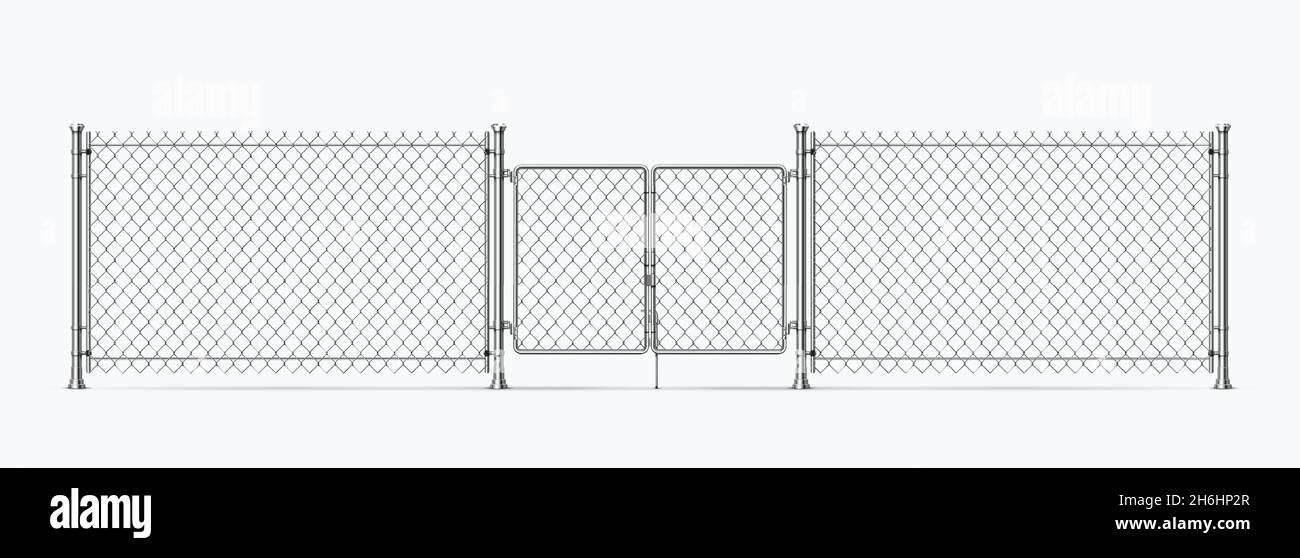 Realistic steel wire fence with gates and metal columns. Barrier chain ...