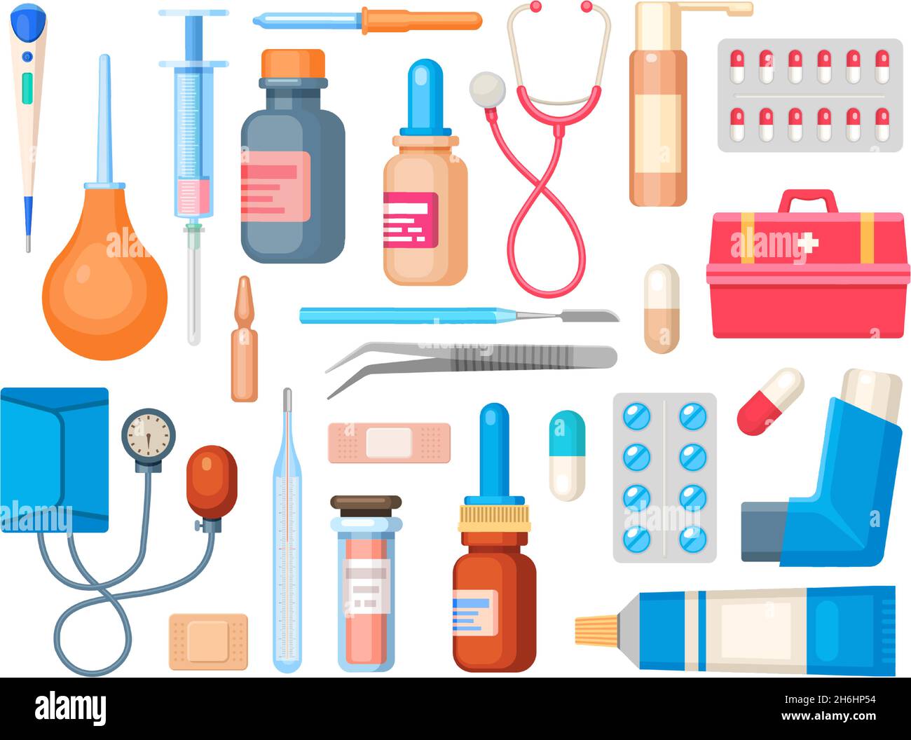 Flat first aid kit with syringe, thermometer, drugs and stethoscope ...