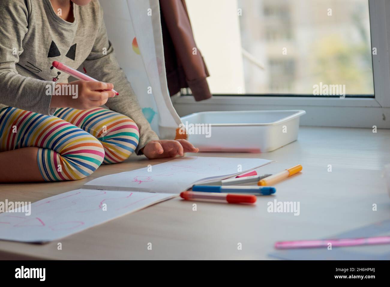 3 years girl creative arts. Child raws a picture. Kindergarden and ...