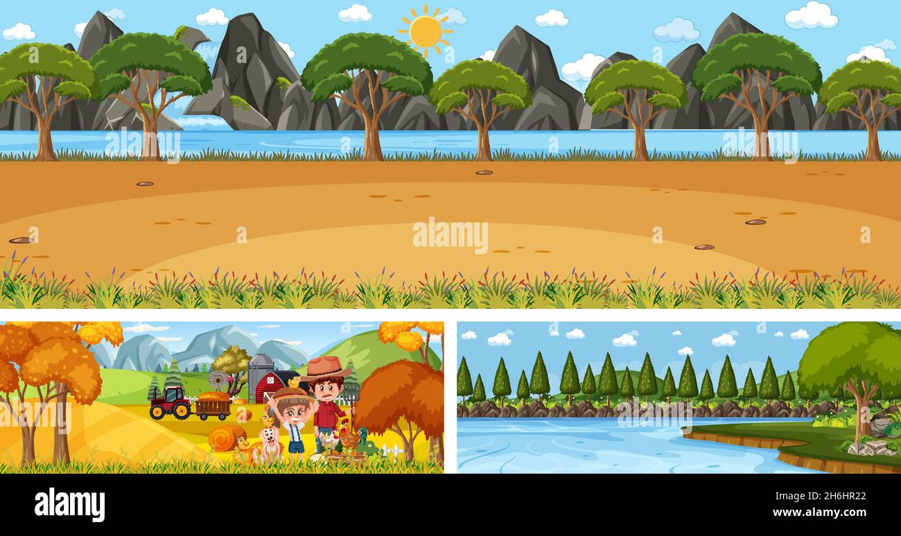 Set of outdoor panoramic landscape with cartoon character illustration ...