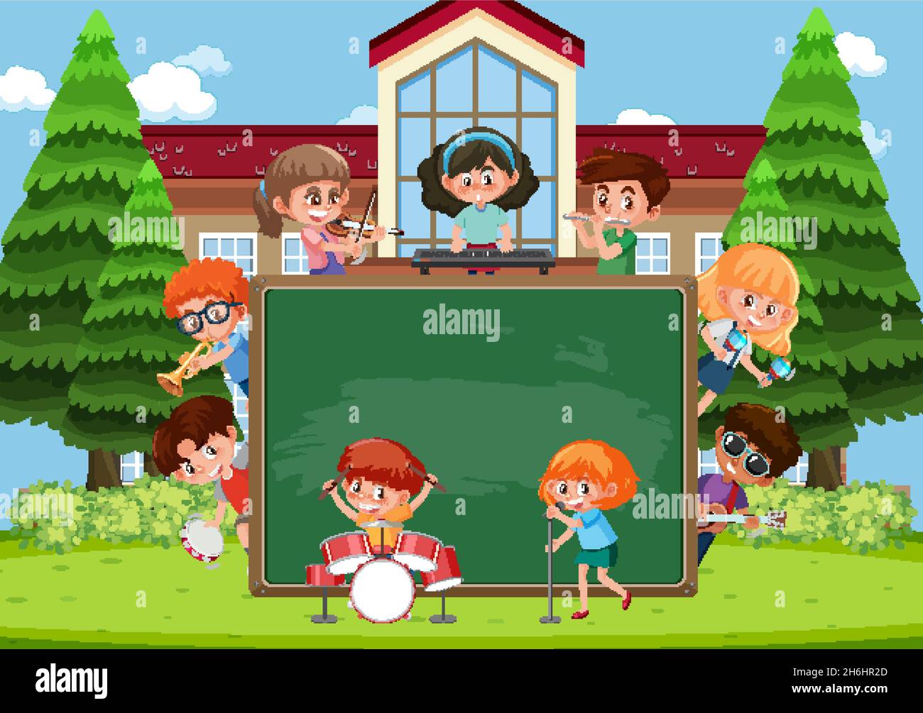 Empty blackboard with kids playing different musical instruments ...