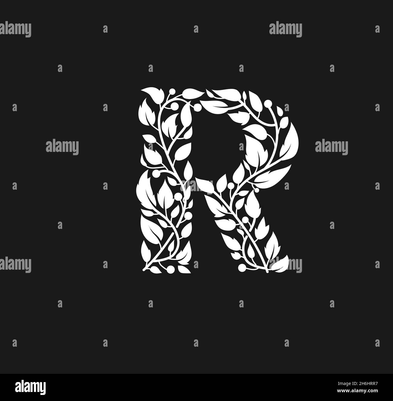 letter r with swirls and floral vector, r letter logo formed by leaves ...