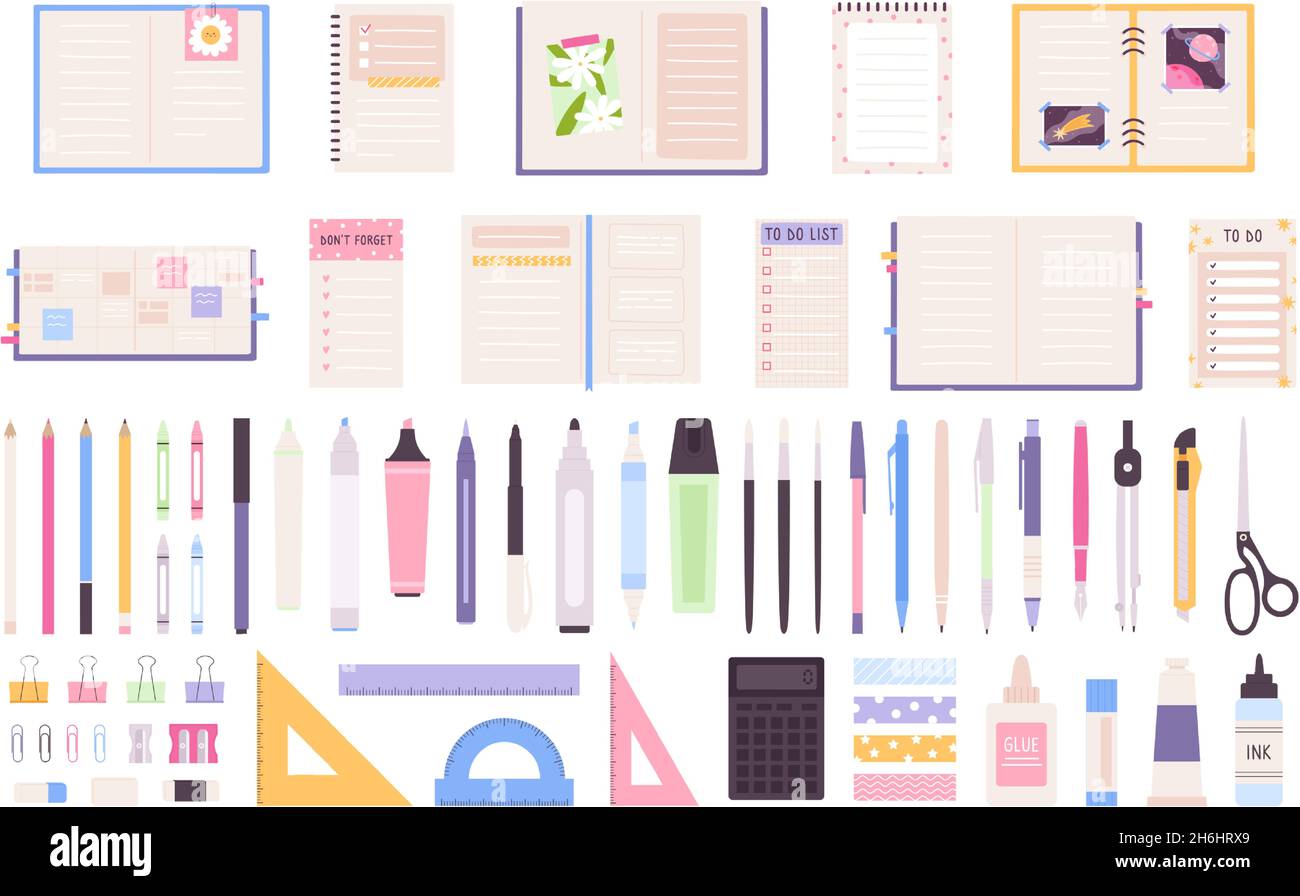 Office or school stationery items, pens, notebooks and planners. Pencil ...