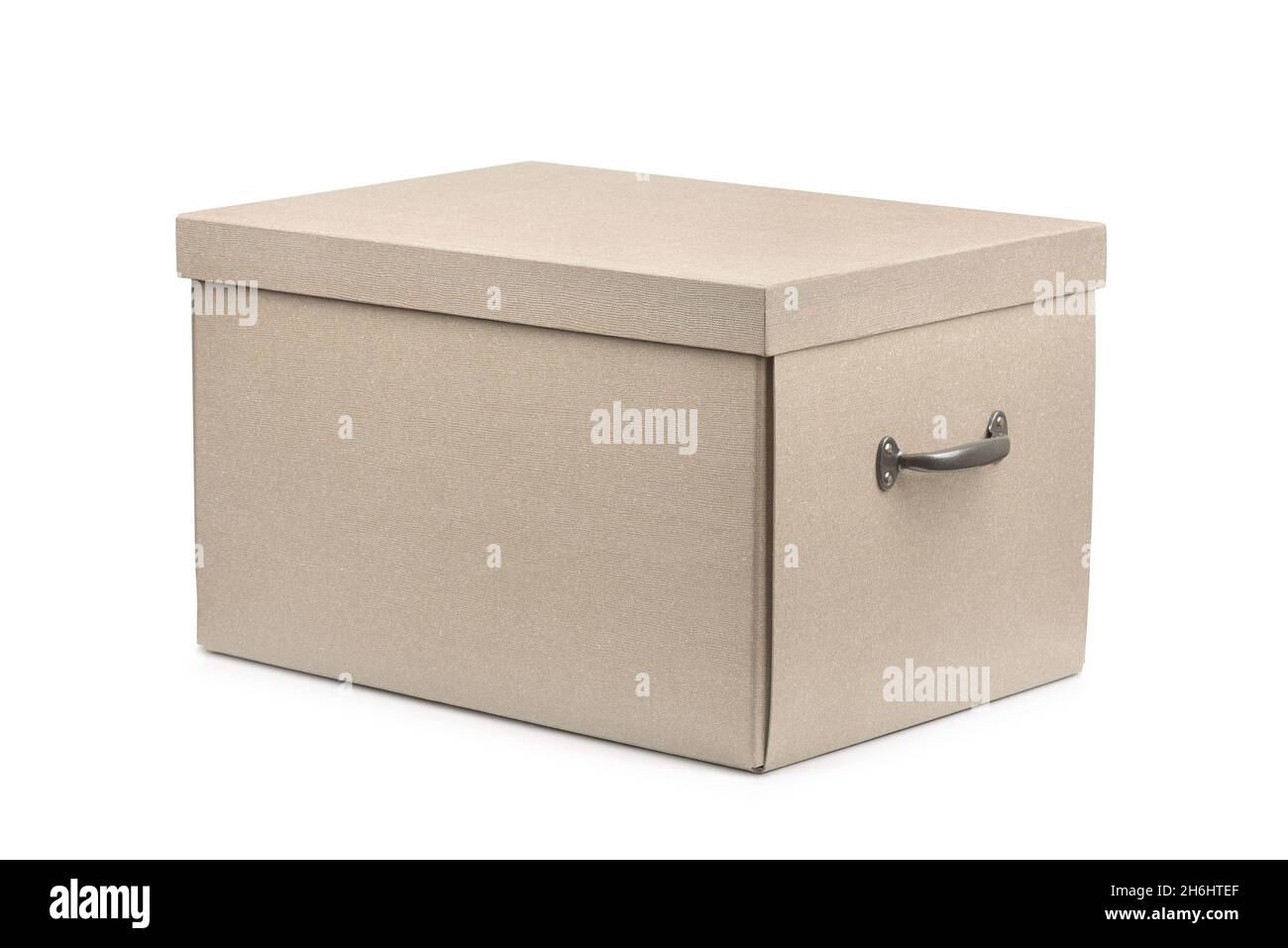 Beige cardboard storage box with lid and handles isolated on white ...