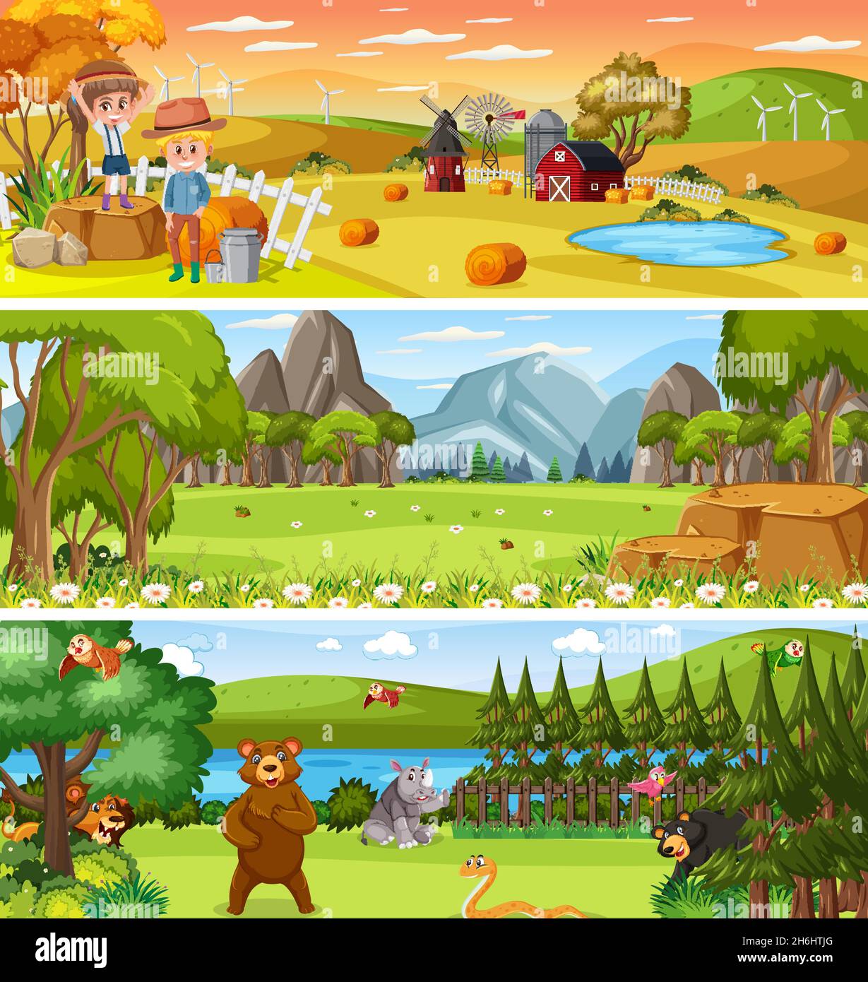 Different nature landscape at daytime scene with cartoon character ...
