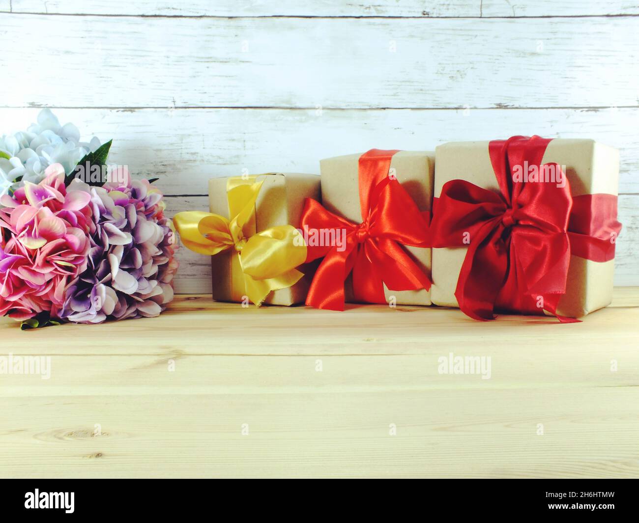 present boxes decorated with ribbon and beautiful decorated Stock Photo ...