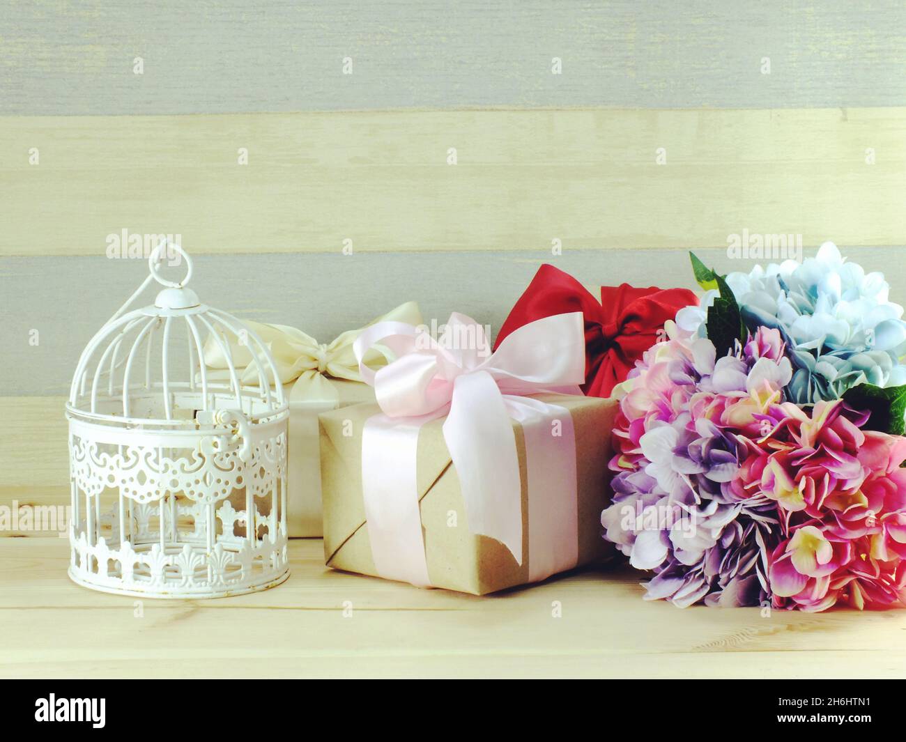 present boxes decorated with ribbon and beautiful decorated Stock Photo ...