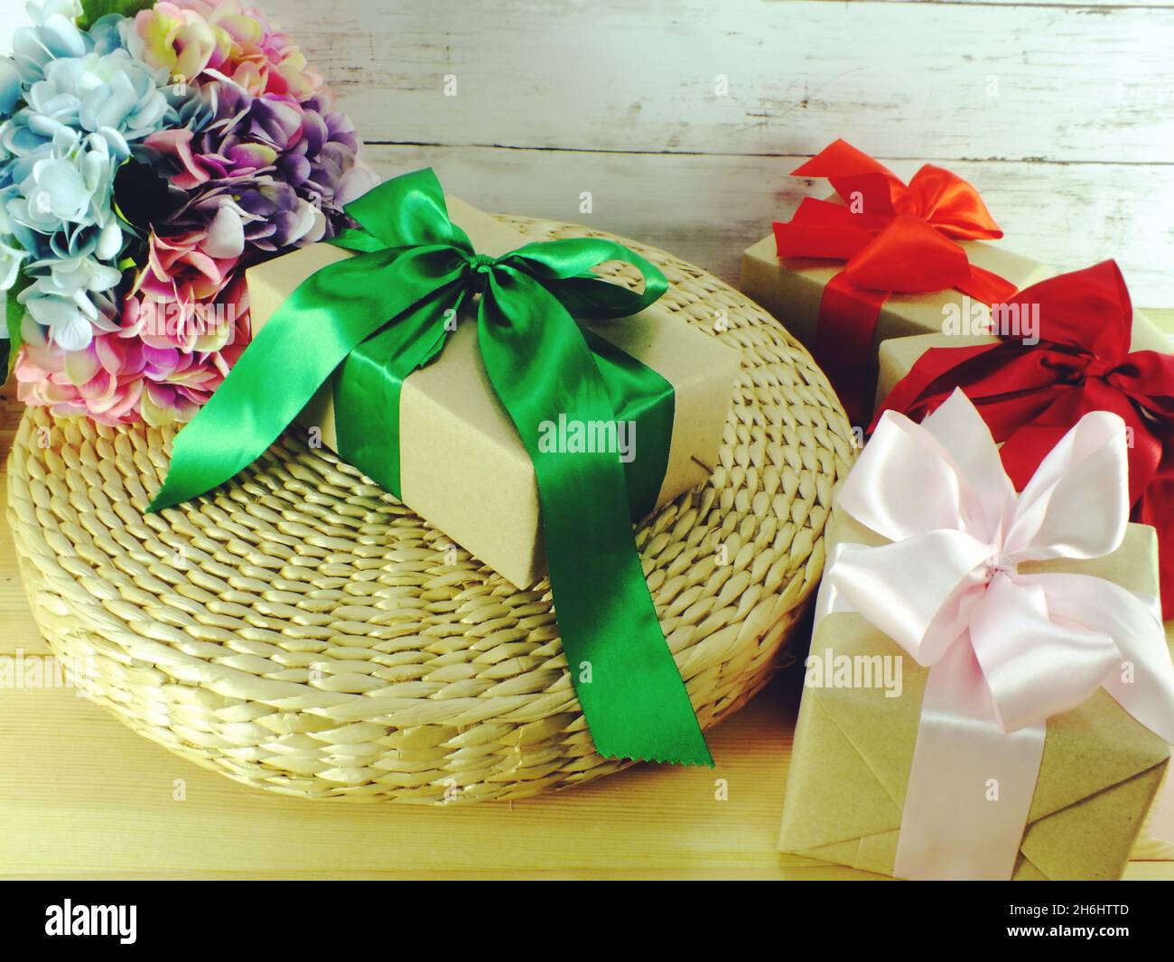 present boxes decorated with ribbon and beautiful decorated Stock Photo ...