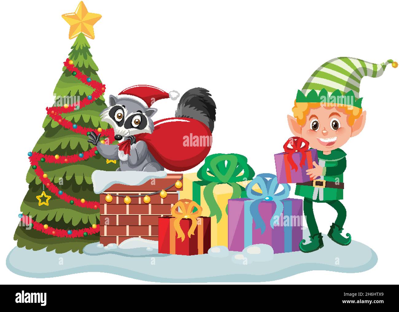 Christmas elf with many present boxes and Christmas tree illustration ...