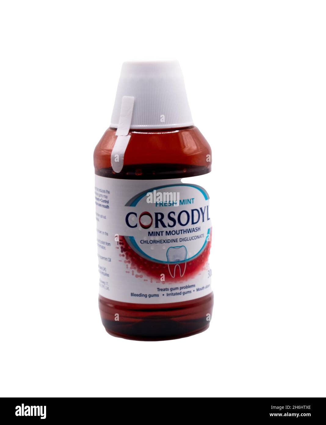 Norwich, Norfolk, UK – November 2014. A bottle of Corsodyl medicated ...