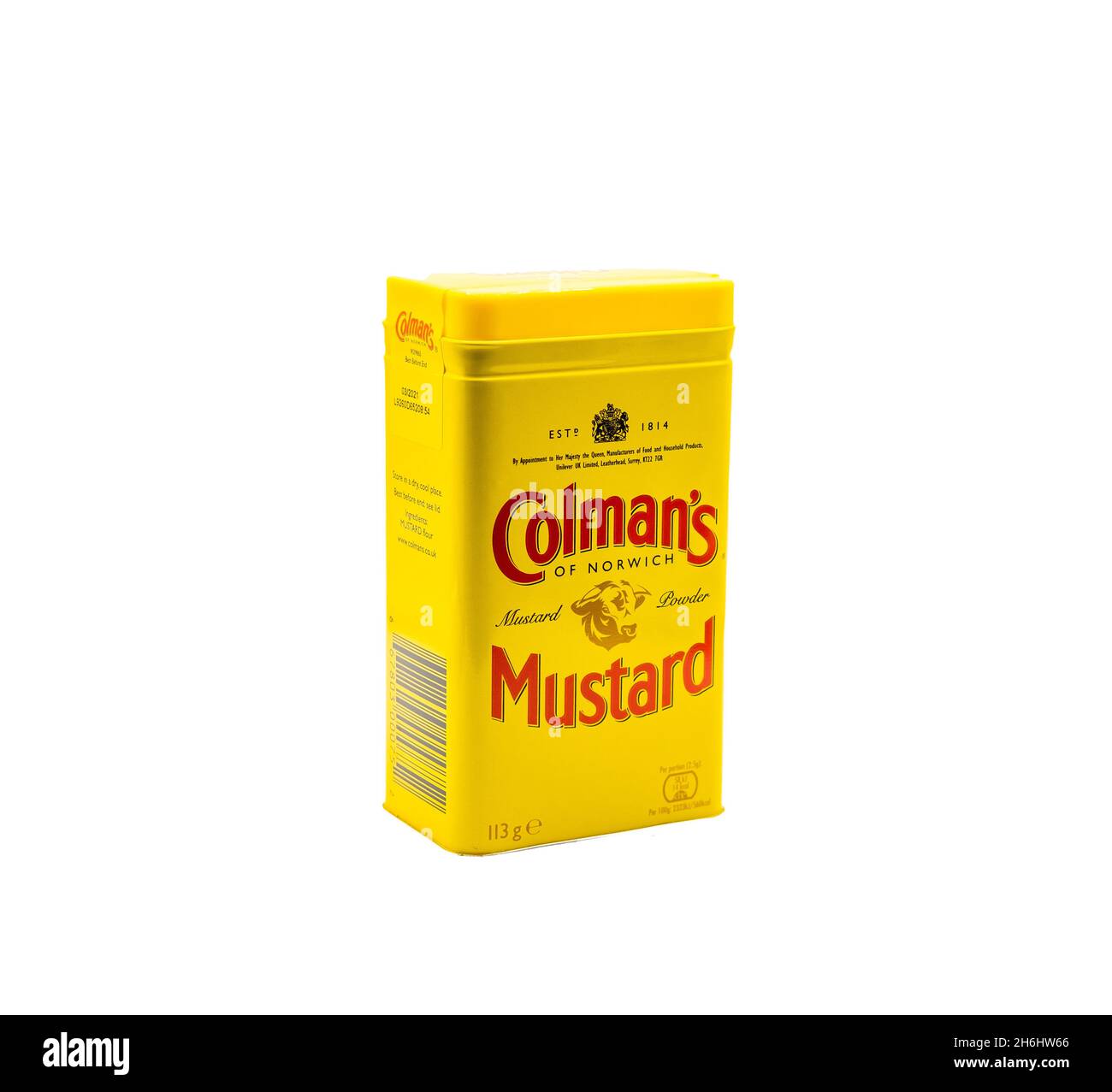 Norwich, Norfolk, UK – November 2014. Colmans Mustard powder cut out ...