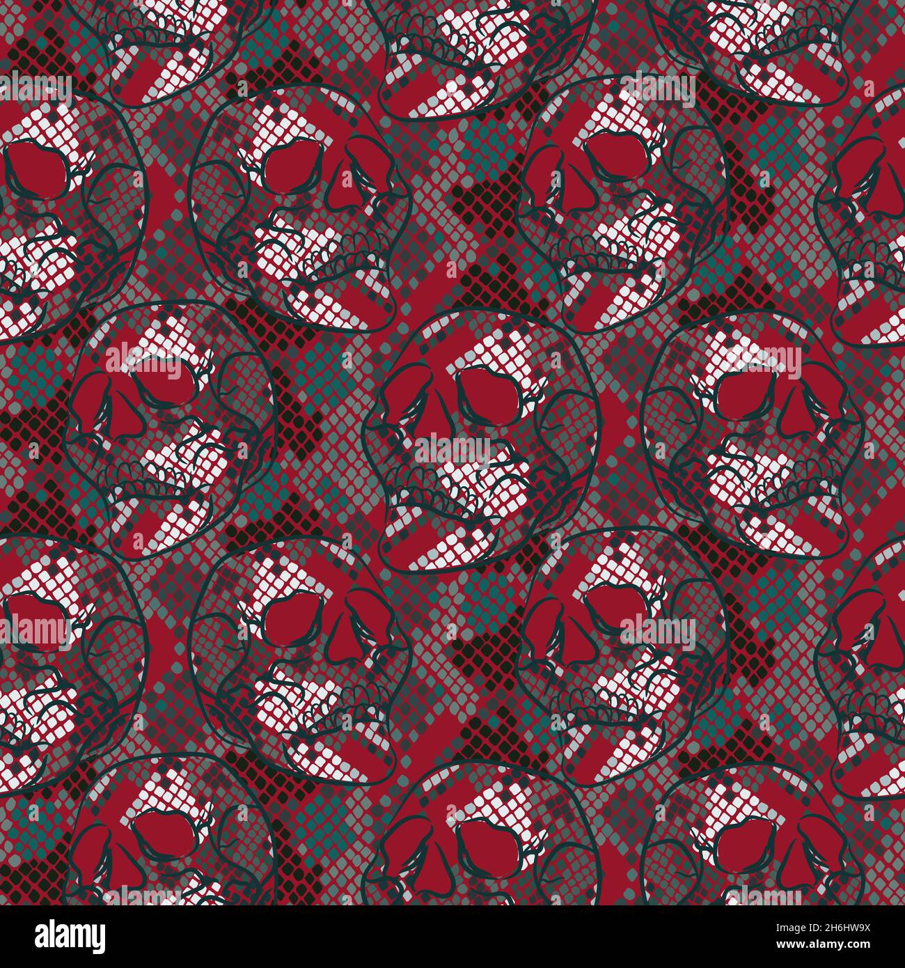 Skull pattern with snake skin texture. Seamless grunge boho red ...