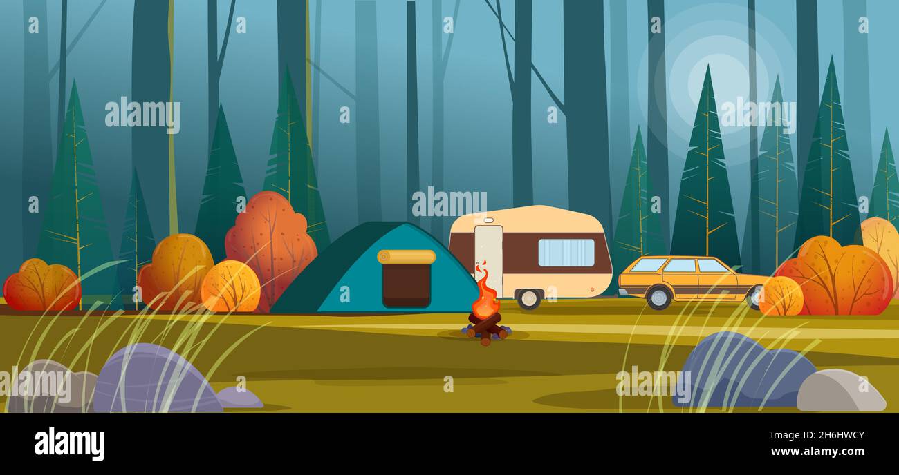 Tent and caravan under the autumn forest Stock Vector Image & Art - Alamy