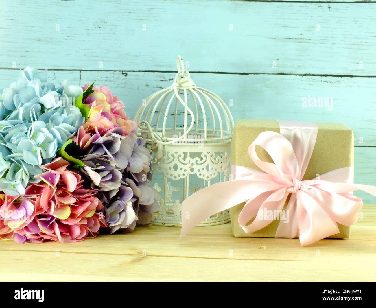beautiful decorated colorful flower bouquet and gift box present Stock ...